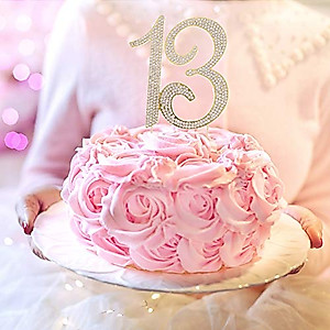 Ella Celebration 13 Cake Topper for 13th Birthday Party, Gold Rhinestone Metal Number Decoration (Gold)
