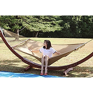 Lazy Daze 10 FT Double 2 Person Caribbean Rope Hammock, Hand Woven Polyester Hammock with Spreader Bars, Extra Large Outside Outdoor Backyard Patio Poolside Hammock, 450 LBS Capacity, Tan
