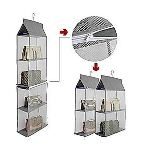 Jucoan 2 Pack Detachable Hanging Handbag Purse Organizer for Closet, Breathable Mesh Purse Storage Holder with 4 Large Mesh Shelves for Wardrobe Closet, 52”X 15.8”, Grey
