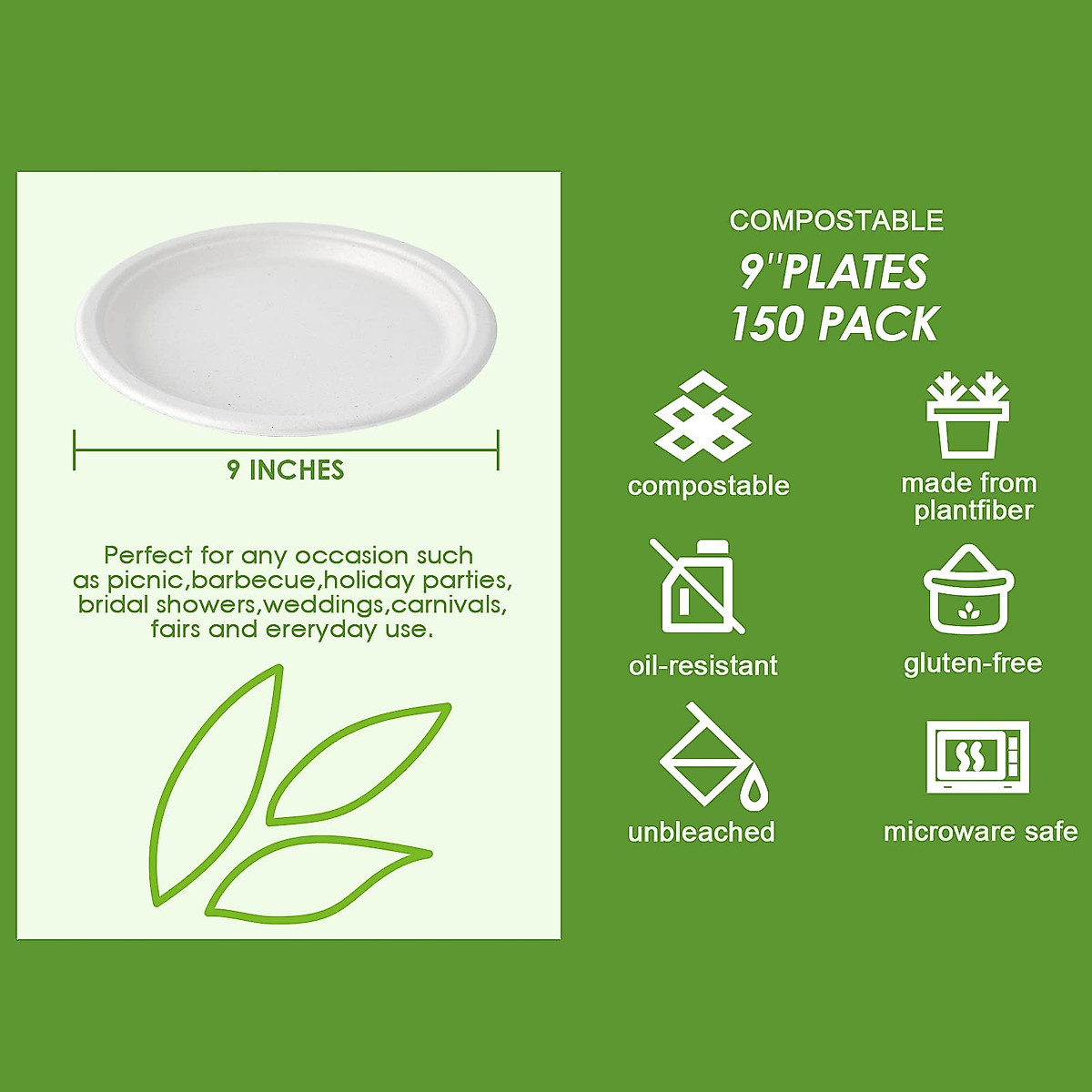 Vplus 150 Pack Paper Plates 9 inch 100% Compostable Plates Heavy-Duty Disposable Paper Plates Bagasse Natural Biodegradable Eco-Friendly Sugarcane Plates（White）