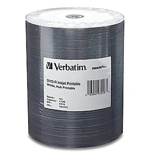 Verbatim DVD-R Blank Discs 4.7GB 16X DataLifePlus White Inkjet Printable Recordable Disc Hub Printable - 100pk Tape Wrap 97016