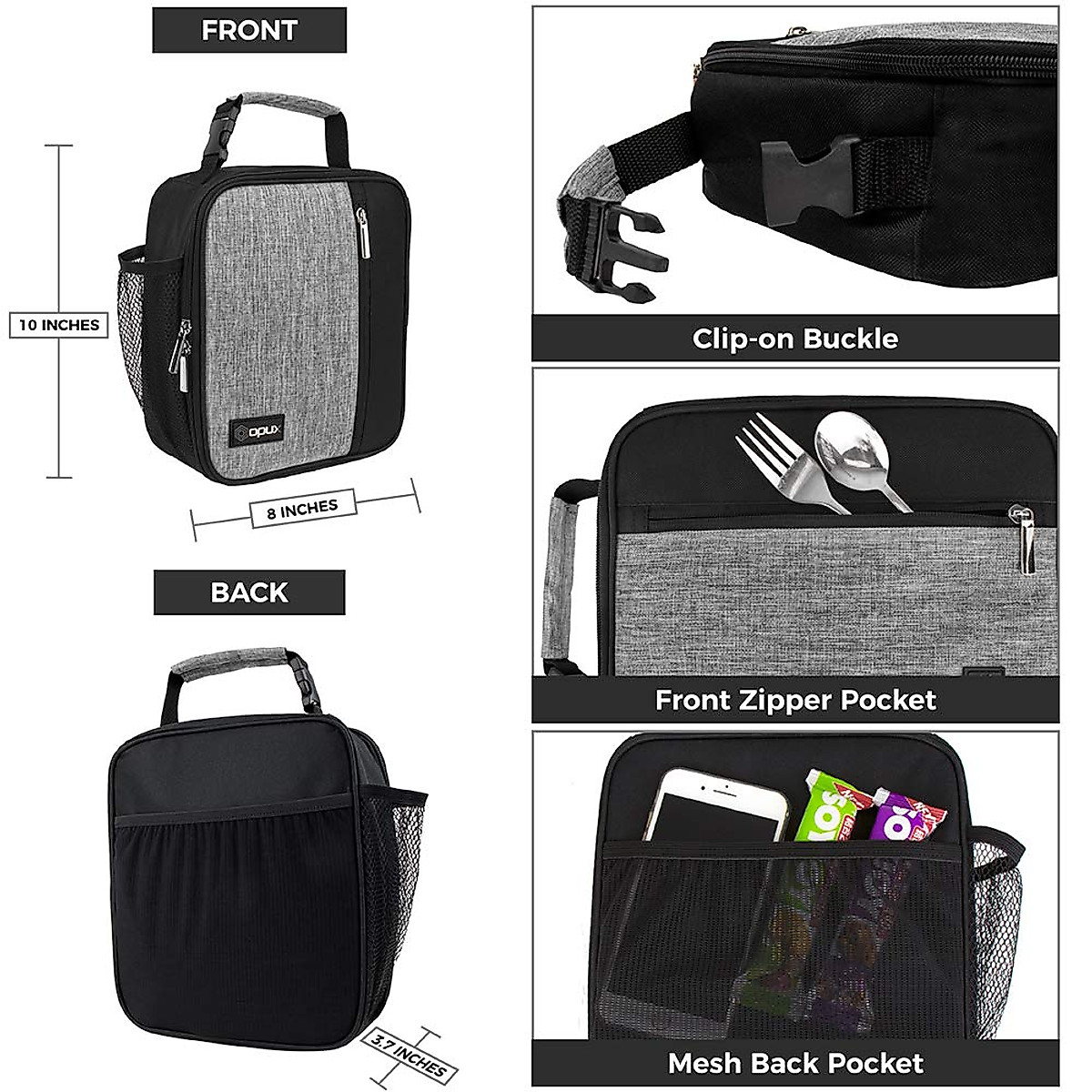 opux Lunch Box for Men, Insulated Lunch Bag for Women, Soft Lunchbox for Adult Work Office with Pocket and Clip On Handle, Reusable Compact Lunch Cooler Pail (Grey)