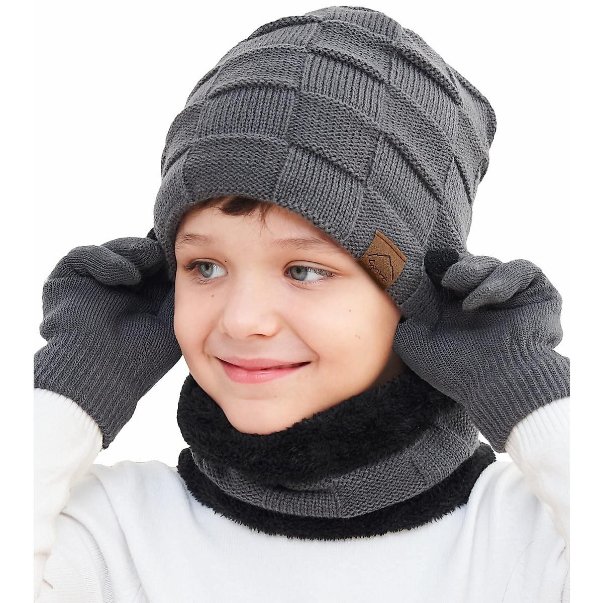 KMOLY Kids Winter Beanie Hat Scarf Touchscreen Gloves Set for Boys Girls 4-15 Years Warm Skull Cap Fleece Lined Knitted Hat (grey)