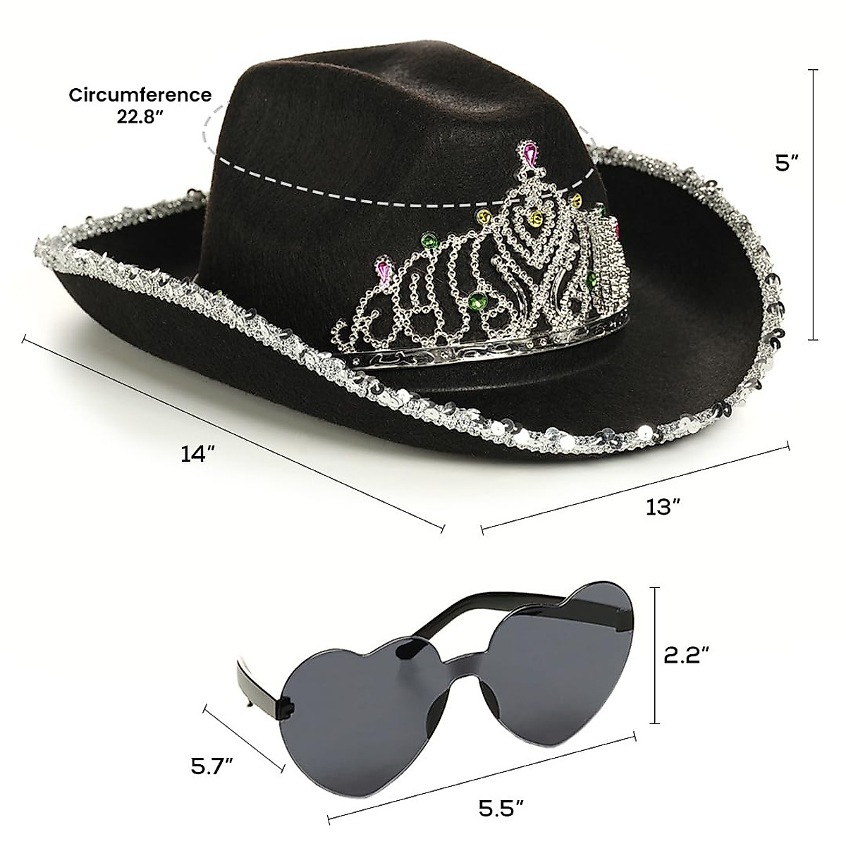 Funcredible Black Cowboy Hat and Glasses - Preppy Cowgirl Hat with Tiara - Sparkly Cowboy Hat - Cowgirl Costume Accessories for Women and Girls