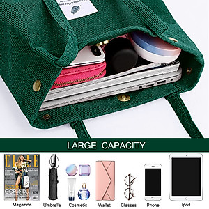 Ayieyill Corduroy Tote Bag for Women Canvas Shoulder Cord Purse with Inner Pocket（Green）