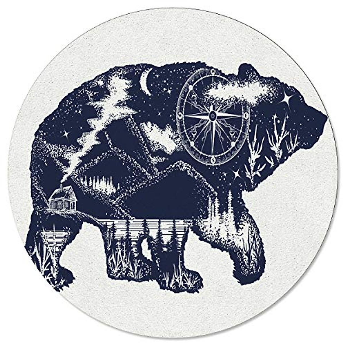 Round Area Rugs 5' in Diameter Anti-Skid Runner Rugs Soft Stain-proof Carpet Bear Double Exposure Tattoo Art Image Great Outdoors Mountains Compass Mat for Bedroom Living Room Kids Nursery Children