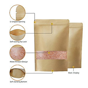 100 Packs Kraft Stand Up Paper Bags with Window(10" x 7") Resealable Bags for Small Business, Food, Sealable Treat Bags for Packaging,Snacks,Candy,Cornmeal,Coffee