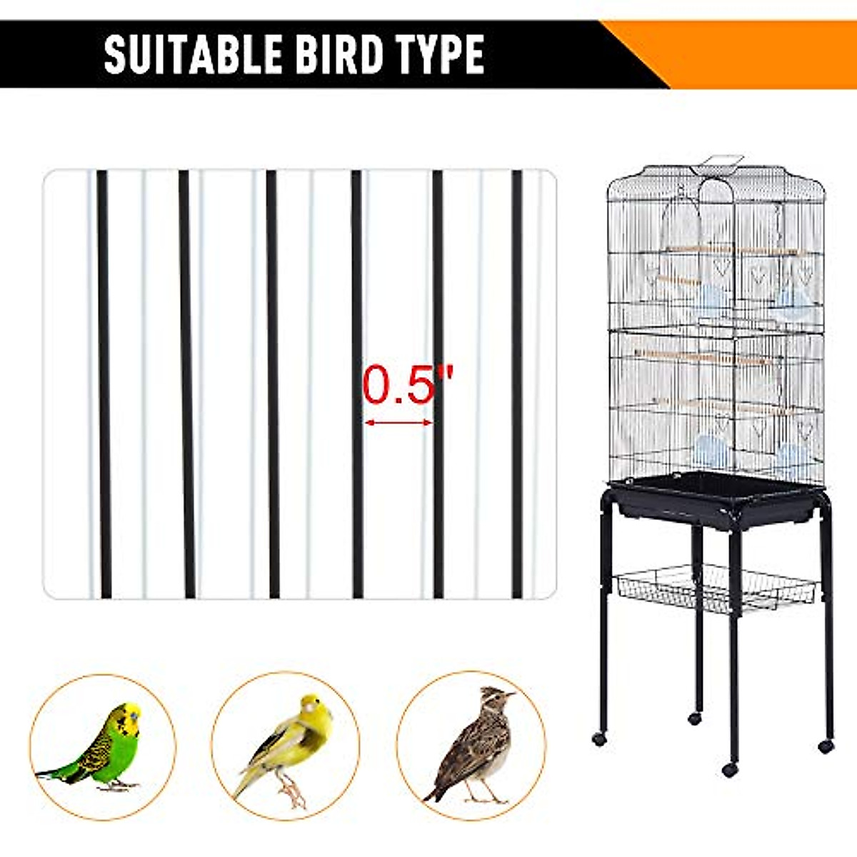 PawHut 60" Metal Indoor Bird Cage Starter Kit with Detachable Rolling Stand, Storage Basket, and Accessories, Black