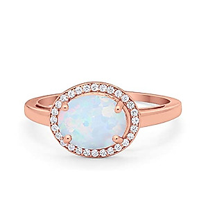 Blue Apple Co. Art Deco Vintage Style Halo Engagement Ring Oval Round Rose Tone, Lab White Opal 925 Sterling Silver Size-7
