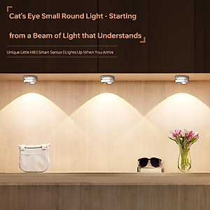 Cat's Eye Small Round Motion Sensor Light Build in Rechargeable Battery Magnetic LED Ceiling Light for Cupboard,Storage Rack,Entrance Hall,Wine Cabinet. (4 Packs)
