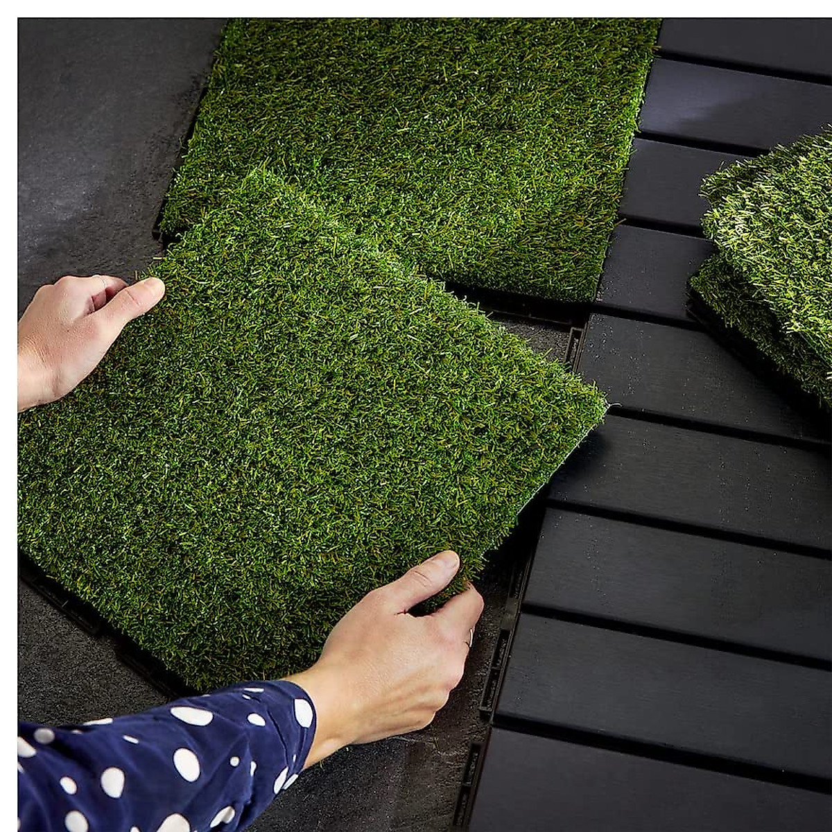 HOUSEBOOK, 9 Packs Artificial Grass Plastic Composite Interlocking Deck Tiles, Indoor/Outdoor, Patio, Balcony, Flooring, D.I.Y Decking, Outdoor, Artificial Grass Tiles, Wholesale Available, 12'x12'