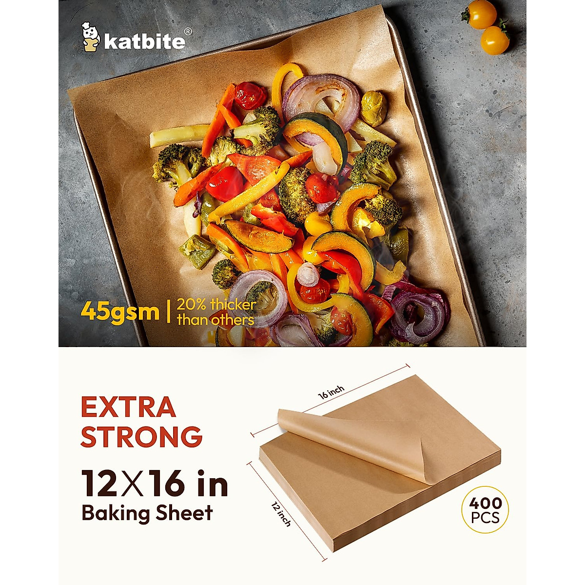 Katbite 400PCS Unbleached Parchment Paper Sheets, 12 x 16 IN Pre-Cut Baking Parchment, Heavy Duty Non-Stick Baking Paper for Half Sheet Cookie Bread Cake Pans, Grilling Meat Pizza,Oven,Air Fryer