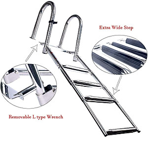 Amarine Made Boat Ladder 4 Step Pontoon Boat Ladder Folding Stainless Steel Dock Ladder Telescoping Ladder with Wide Steps Swim Deck Ladder with Pedal Hand Railing,Retaining Strap-400lb