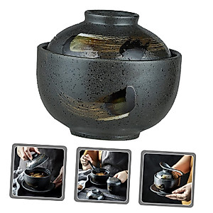 Anneome 2pcs Stew Home Egg Bowl Dessert Steam Noodle Ceramic Nest Stainless Cuisine Japanese Household Restaurant Custard Onion Tableware Lid Soup with Ml Pudding Steaming Cup Rice French