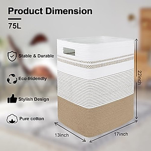 SIXDOVE Laundry Hamper, Large Woven Rope Tall Laundry Basket with Handles, 22" X 17" X 13", Decorative Storage Basket for Clothes and Blankets in Living room, Bedroom, Jute & White