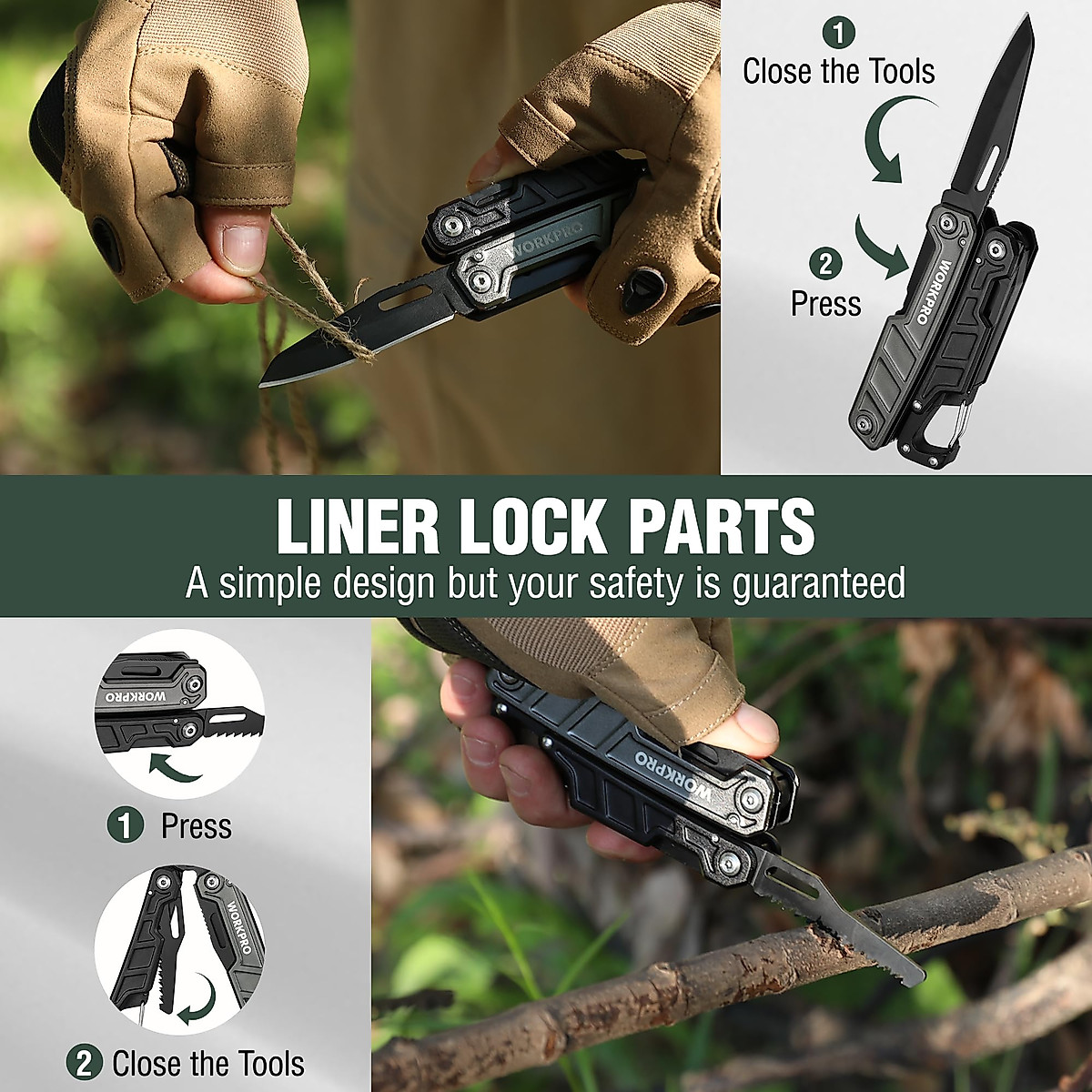 WORKPRO Multitool-11 in 1 Multitool Pliers with Pocket Clip and Sheath-EDC Multi Tool Knives with Safety Lock-Camping Tools Pocket Knife with Screwdriver Saw Blade Wire Cutter and Bottle Opener