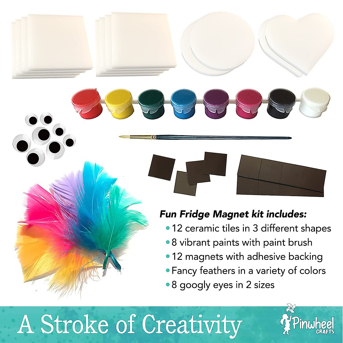 Pinwheel Crafts Magnetic Mini Tile Art Kit - DIY Kids Arts and Crafts Painting Kit - Decorate Cute Refrigerator or School Locker Magnets, Mini Art Items - Paint for Party Favors or Birthday Gifts