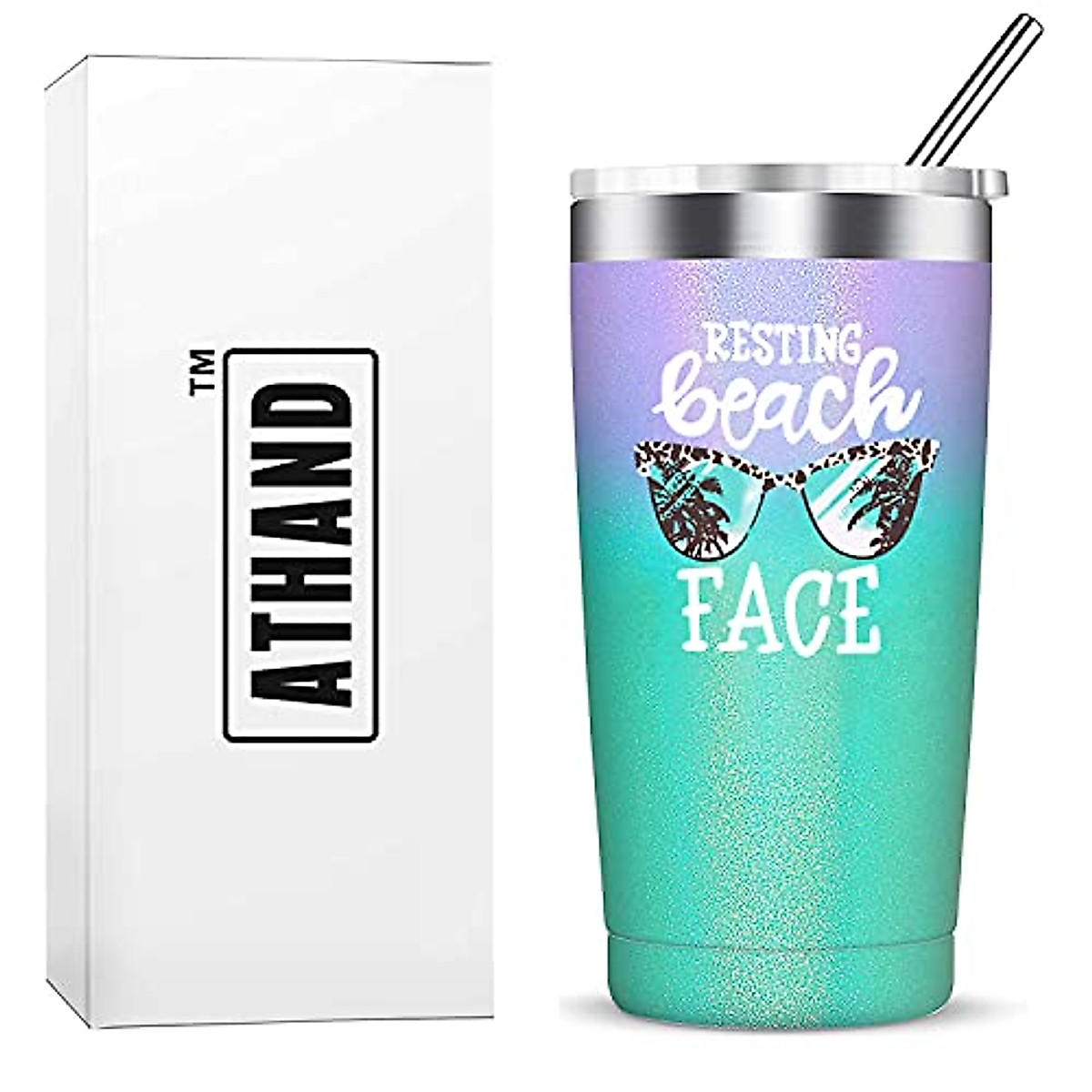 ATHAND 20 oz Insulated Tumblers with Lid and Straw | Resting Beach Face Double Wall Stainless Steel Vacuum Coffee Wine Tumbler Funny Mug for Women Girls Christmas Gifts (Mint+Purple)