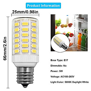 Frigidaire Freezer Light Bulb Replacement E17 Intermediate Base Compatible with Kenmore Refrigerator Replace 5304517886 KEI D28A KEL2811 KEI D28M Daylight White 5W Compact Bright Lighting, 2 Pack
