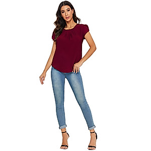 Milumia Womens Casual Round Neck Basic Pleated Top Shirt Curved Keyhole Back Blouse (Burgundy, Small, Cap Sleeve)