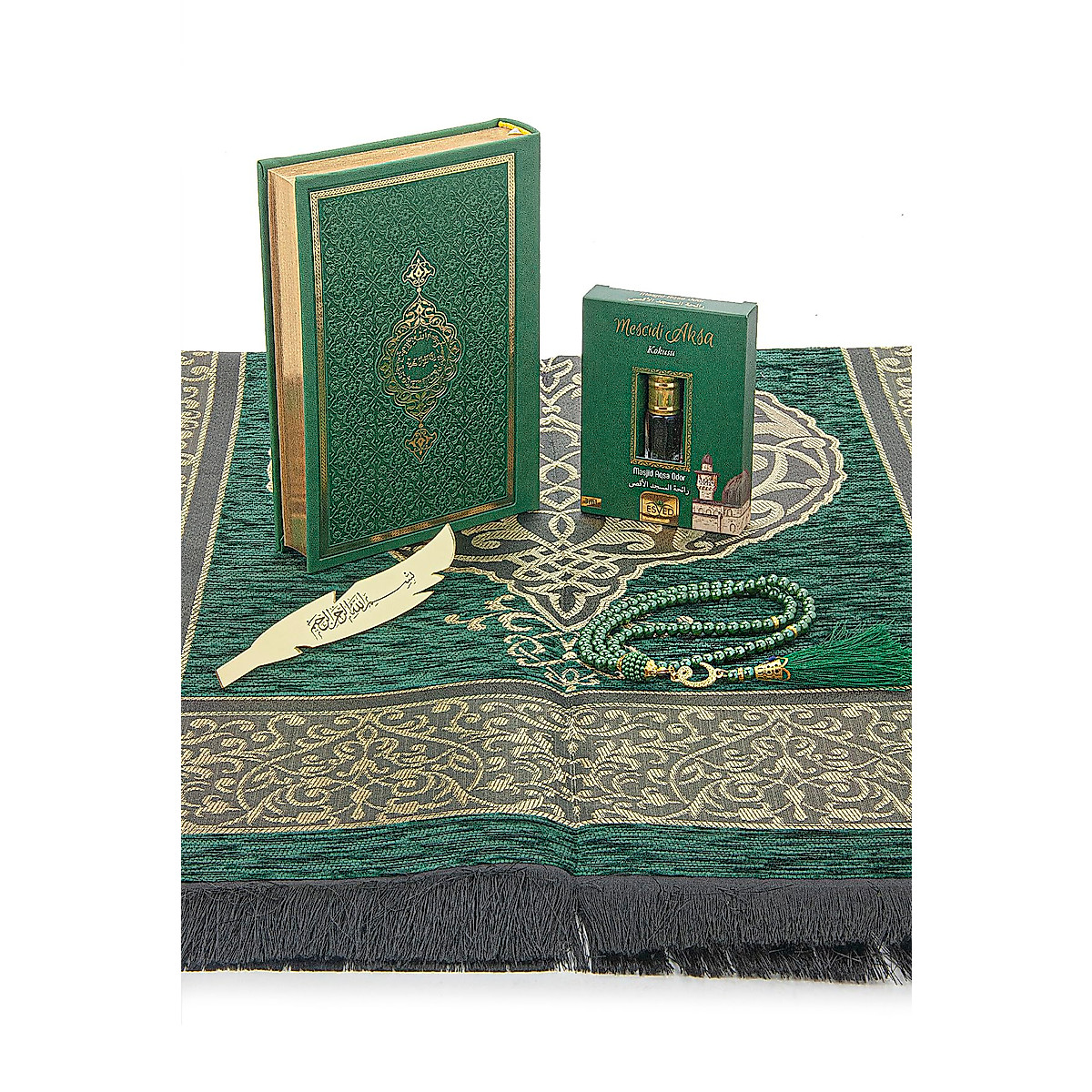 ihvan online Prayer Gift Set for Men & Women, Muslim Prayer Rug, Salah Mat, Beads Taasbih, Arabic Holy Quran, Islamic Gift Set for Ramadan & Eid, Green