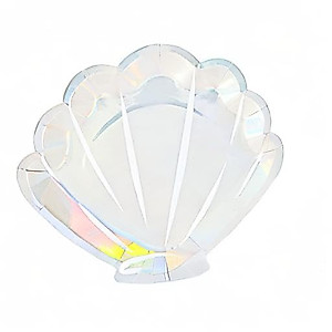 Sparkle and Bash 48 Pack Holographic Seashell Paper Plates for Girls Mermaid Birthday Party Supplies - 9 Inch Silver Foil Sea Shell Plates