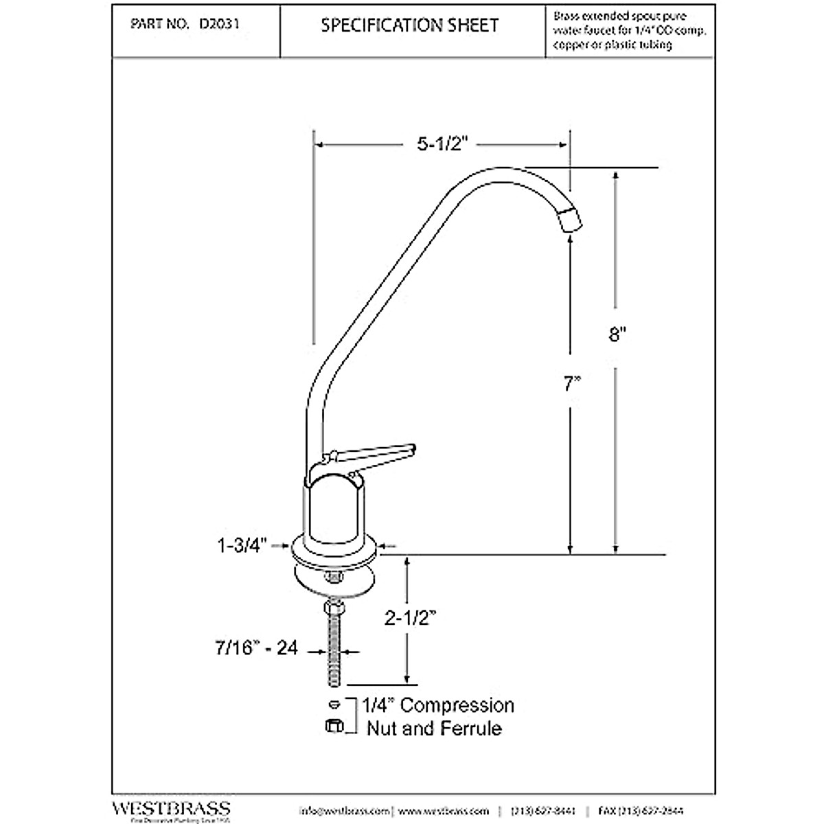 Westbrass D2031-NL-62 8" Touch-Flo Style Pure Cold Water Dispenser Faucet, Matte Black