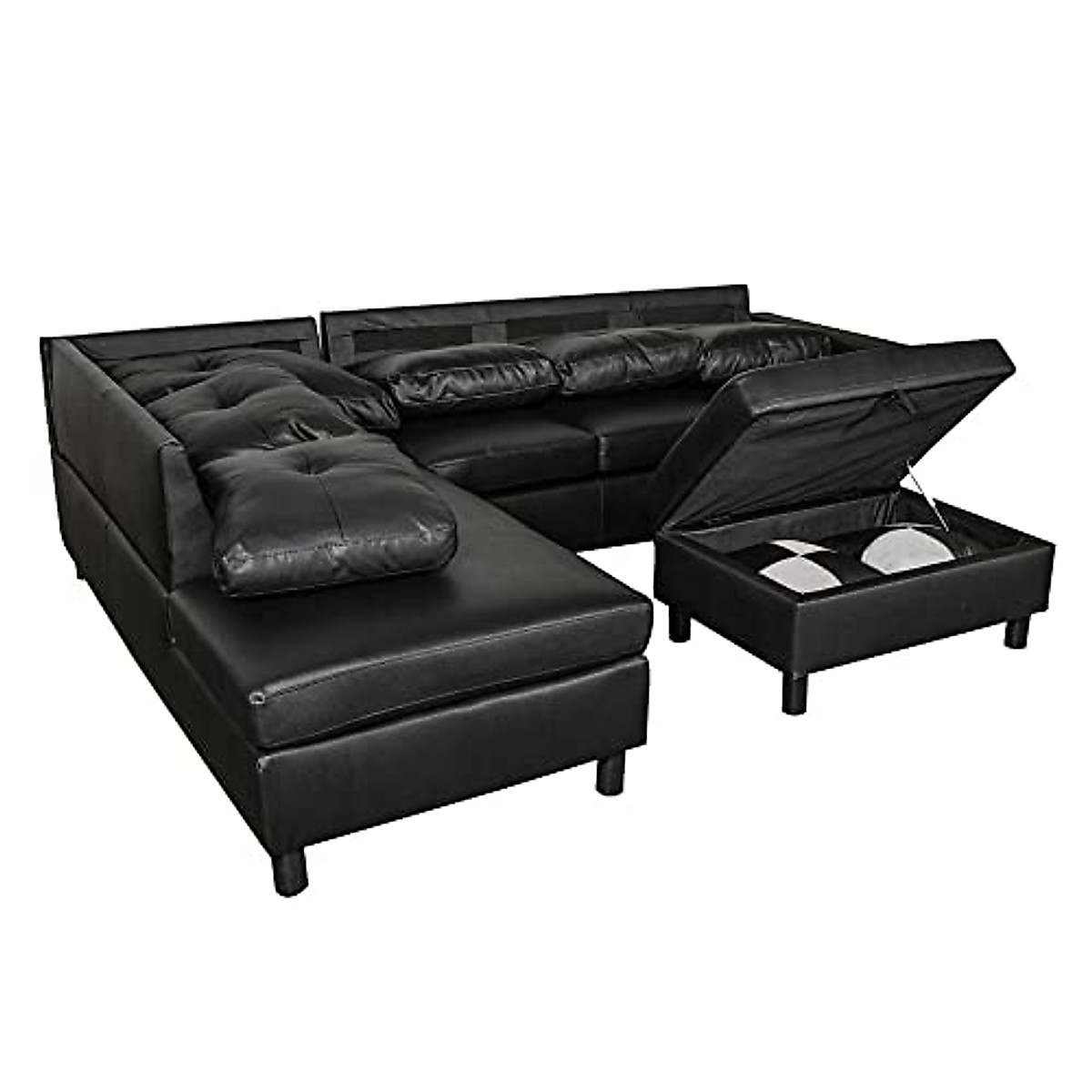 ERYE Faux Leather Corner Sectional Sofa Couch with Chaise and Storage Ottoman, L-Shaped Upholstered Sofa&Couch W/ 2 Pillows for Home Office Apartment Living Room Furniture Sets