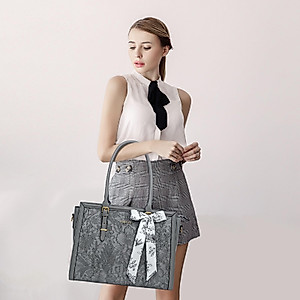 MOSISO Laptop Bag for Women, 17-17.3 inch PU Leathe Tote Bag Compatible with MacBook, HP, Dell, Asus Notebook, Front Embossed Retro Hibiscus Computer Bag with Silk Scarf&Clutch Purse, Gray