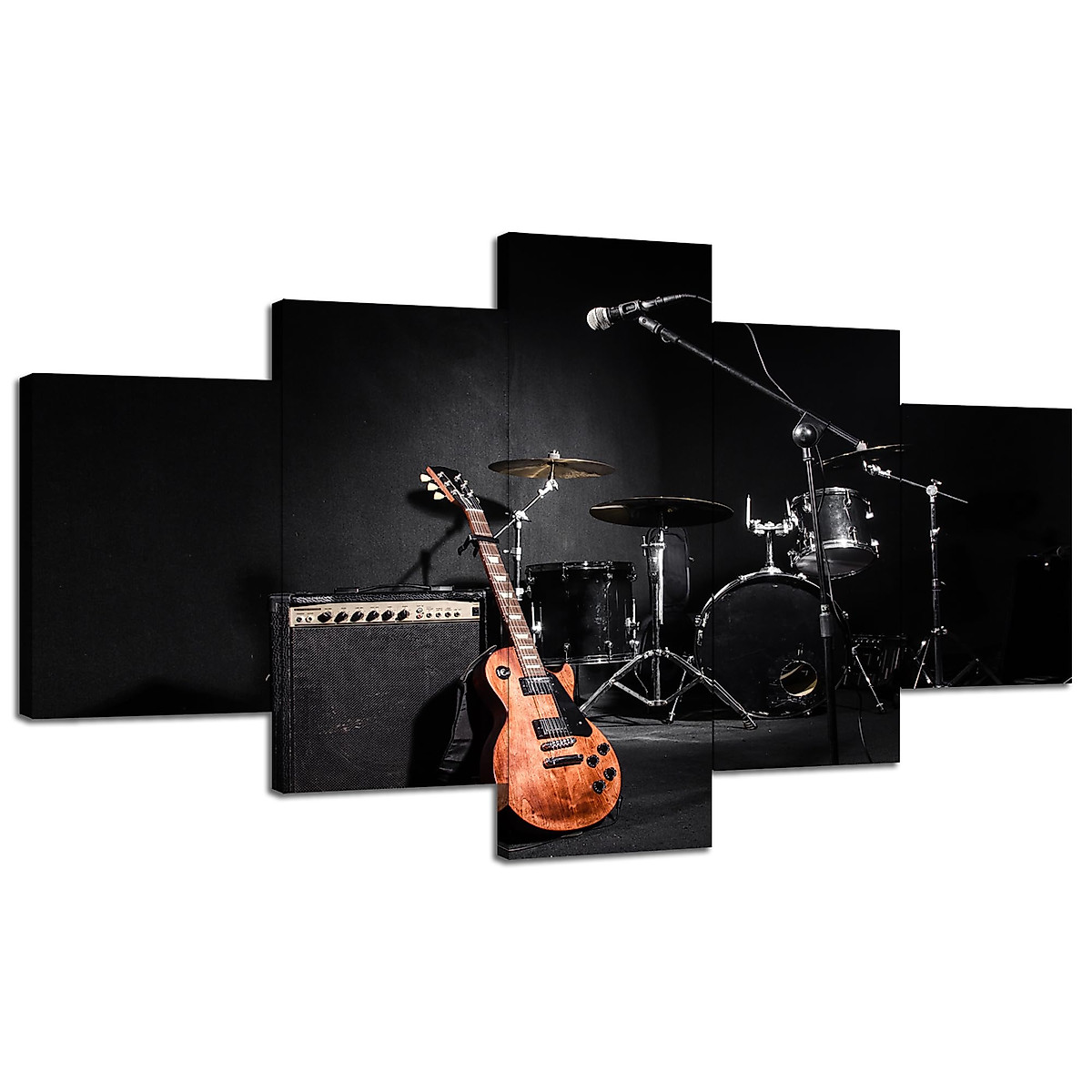 Modern Musical Instruments during Concert Canvas Prints Wall Art Large Black and White Poster with Frame Bedroom Decor Rock Picture Guitar Painting Artwork Decoration Ready to Hang(60''Wx32''H)