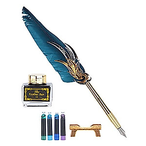Tnfeeon Feather Pen, Vintage Feather Calligraphy Pen Quill Pen Set Student Writing Stationery with Ink Sac Romantic Valentine(navy blue)