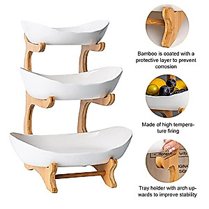 Jessie 3 Tiered Fruit Bowls Wooden Stand Ceramics Tiered Tray Decor Serving Fruit Cup Cake Dessert for Party Wedding Farmhouse (White Porcelain)