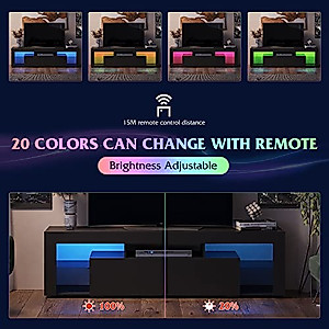 WLIVE LED TV Stand for 60/65/70 Inch TV, Entertainment Center with Open Shelves, TV Console with 2 Storage Drawers for Bedroom, Living Room, Media Stand with Display Glass, Black