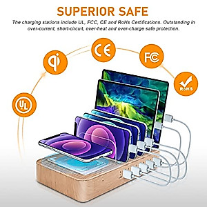 OTESS Fastest Charging Station for Multiple Devices, 5 USB Ports with 1 Qi Charging Pad, 6 Mixed Cable Included, for Apple/AirPods/iPad/Samsung/Android/Tablet