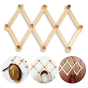 1 Wooden Expandable Coat Rack Hanger Wall Mounted Accordion Hook Hats Mugs Coats, Tan, Variable