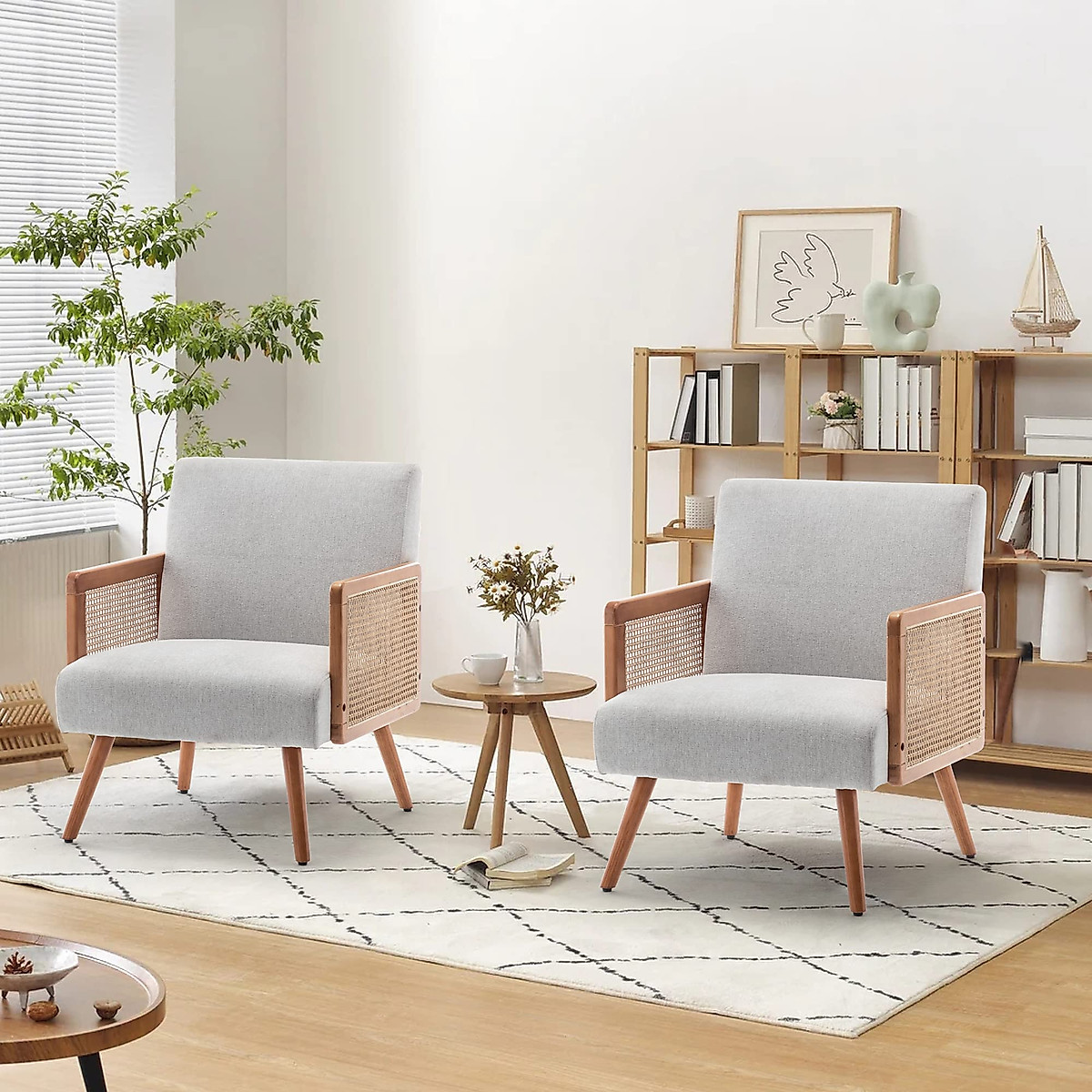 SHINEBOOM Accent Chair with Rattan Arms, Upholstered Mid Century Modern Chair for Bedroom Living Room Reading Chairs Rattan Armchair, Linen Comfy Lounge Chairs Side Chair, Beige