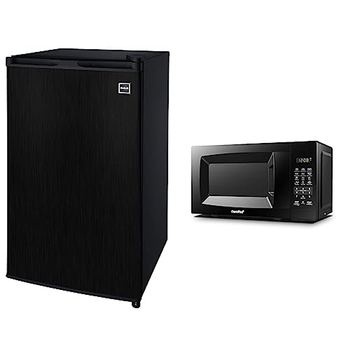 RCA RFR335, 3.2 Cu Ft Compact Design Mini Fridge with Freezer, Black Stainless & COMFEE' EM720CPL-PMB Countertop Microwave Oven with Sound On/Off, ECO Mode and Easy One-Touch Buttons, 0.7cu.ft, 700W
