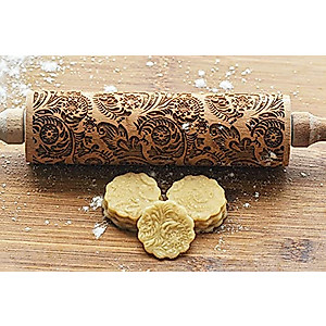 Embossed Rolling Pins for Baking, Small Wooden Roller Pin with Textured Pattern, Best Gift for Wedding, Holiday, Mother, Friends (Flower)
