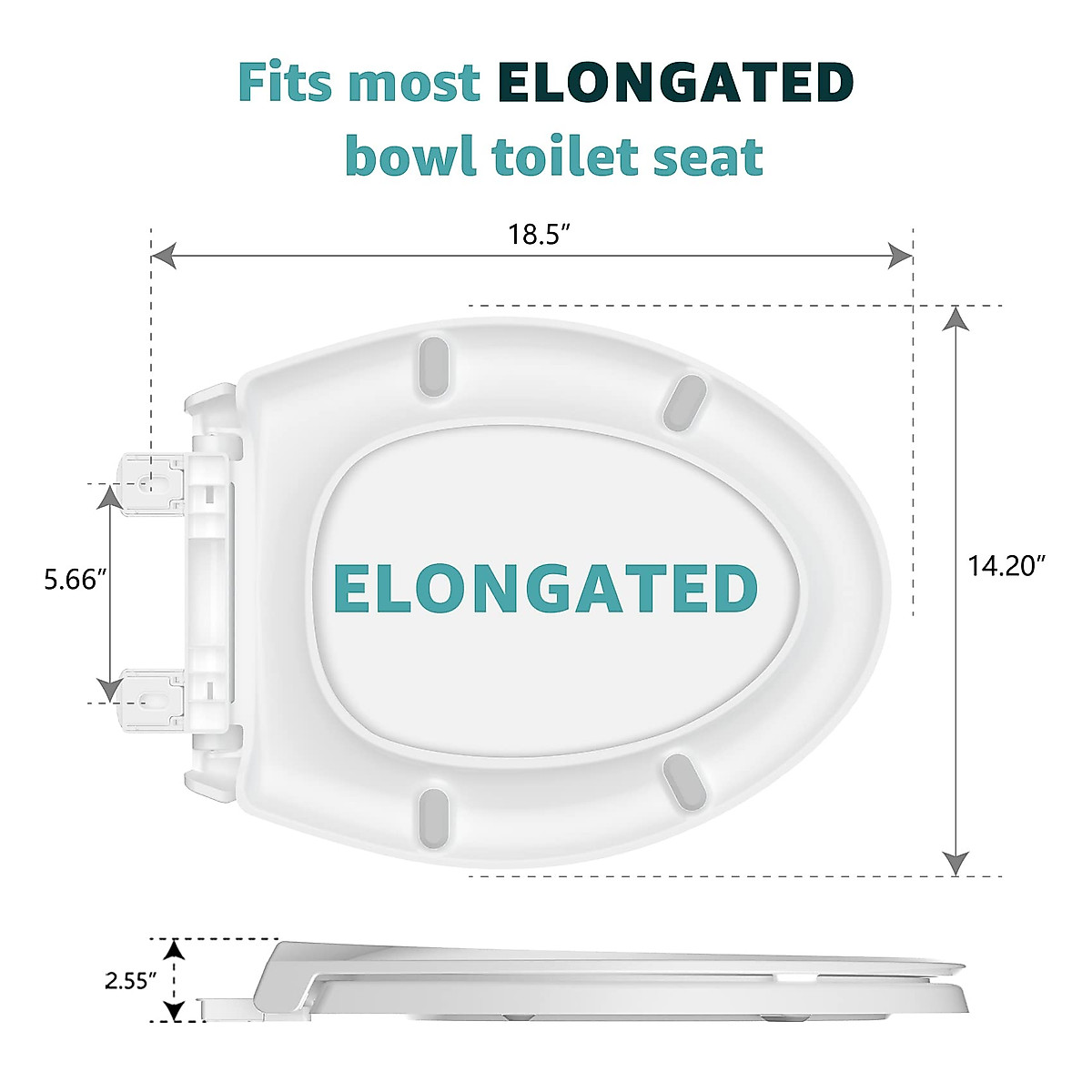 "Premium Soft-Close ELONGATED Toilet Seat with Quick-Release Hinge, Heavy Duty and Secure Fit, Easy Installation and Cleaning, 18.5", White Oval Design."