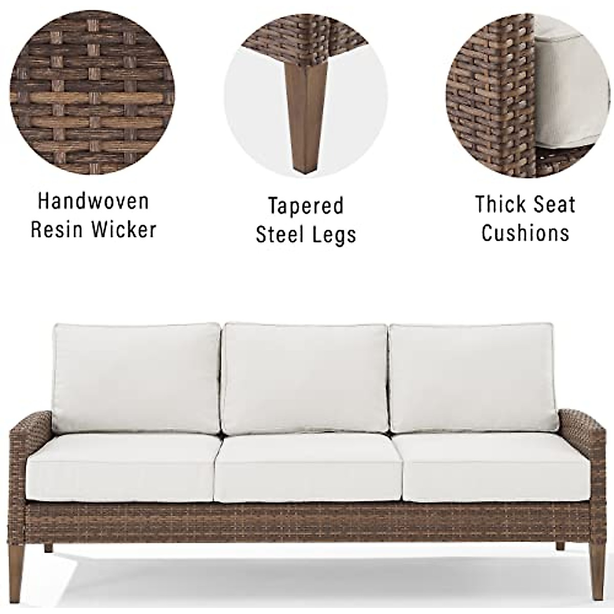 Crosley Furniture Capella Wicker Outdoor Sofa, 3-Person Patio Couch for Porch, Deck, Backyard, Brown with Creme Cushions