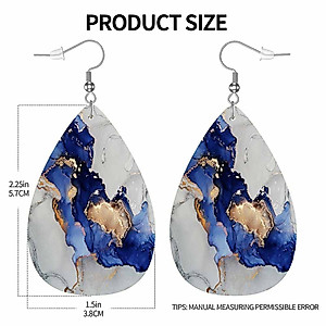 Blue and Gold Marble Earrings for Women Liquid Alcohol Ink Fluid Teardrop Dangle Faux Leather Earrings Holiday Earrings for