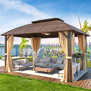 YOLENY 10'x13' Hardtop Gazebo with Galvanized Steel Arc Double Roof，Aluminum Frame Included, Outdoor Canopy Gazebos with Curtain&Netting, Sunshade for Gardens, Lawns, Deck
