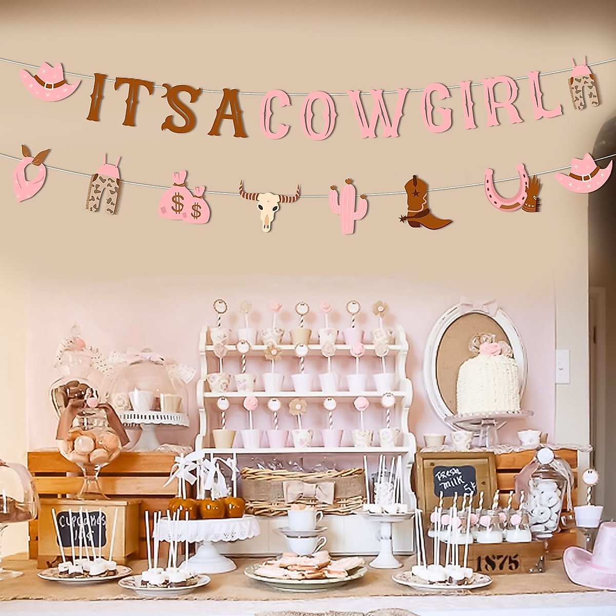 Cowgirl Baby Shower Banner, It's a Cowgirl Bunting Garland, Pink Hats Boots Cactus Gender Reveal, Pregnancy Announcement, My First Rodeo, Western Theme Party Decoration Supplies