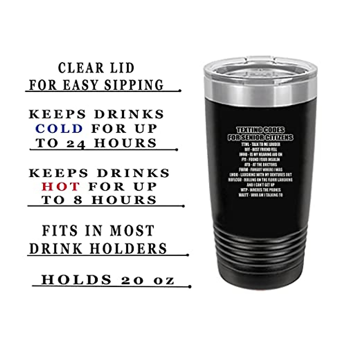Rogue River Tactical Best Funny 20 Oz. Travel Tumbler Mug Senior Citizen Text Codes Novelty Cup Retirement Birthday Gag Gift Mom Dad Grandma or Grandpa (Black)