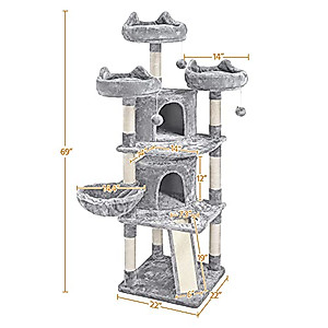 Yaheetech 68.5in Multi-Level Cat Tree Large Cat Tower with Sisal-Covered Scratching Board & Scratching Posts, Cozy Perches, Stable Cat Tower Cat Condo Pet Play House, Light Gray