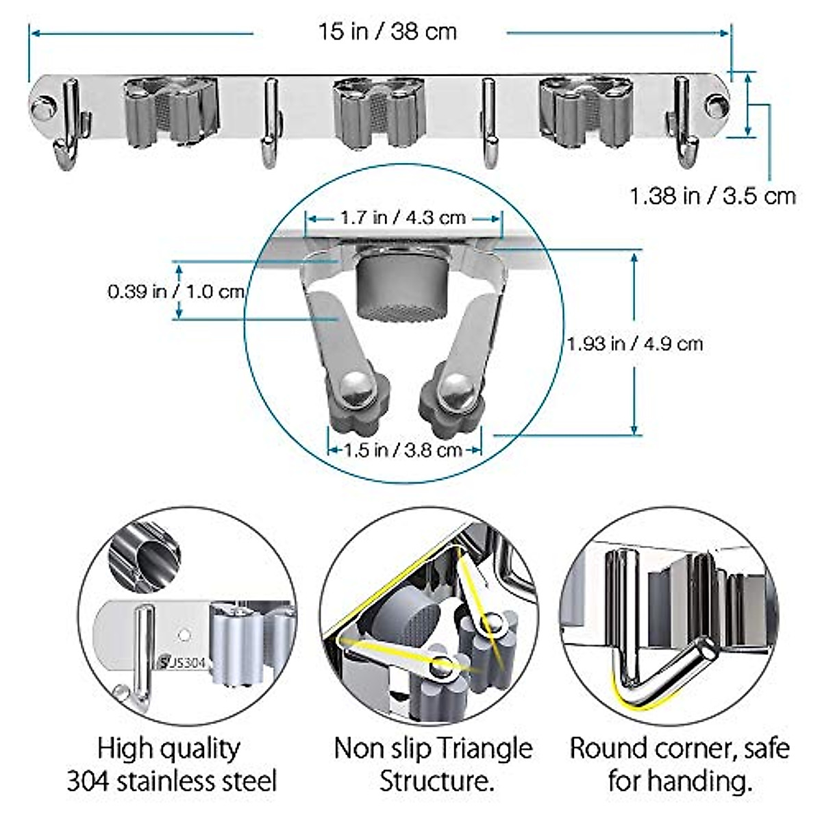 JEWJIO Broom Mop Holder Wall Mounted - Broom Storage Rack Utility Hanger 3 Racks 4 Hooks for Bathroom Home Kitchen Office Closet Garage Stainless Steel Heavy Tool Storage Rack (15 Inch)