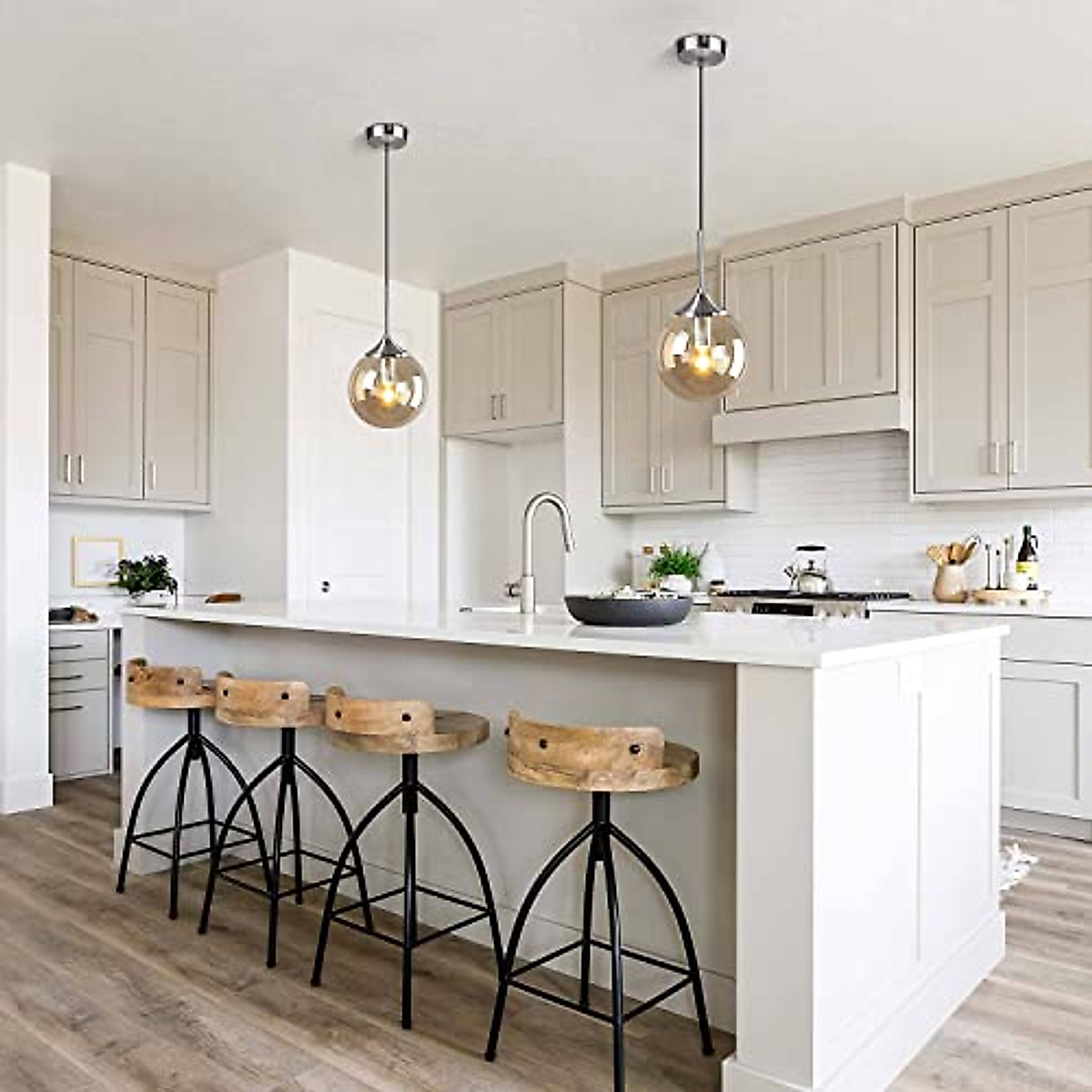 KCO Lighting Modern Glass Globe Pendant Light Nordic Brushed Nickel Pendant Lights Single Glass Ball Chandelier Adjustable Hanging Light Fixtures Kitchen Pendant Lighting Over Island (Amber)