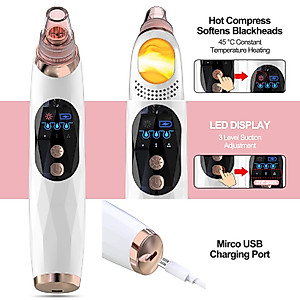 Blackhead Remover Pore Vacuum with Hot Compress- 2025 Upgraded Electric Face Cleaner Pore Extractor Pimple Extractor Acne White Heads Removal Tool with 5 Suction Head LCD Screen and Base