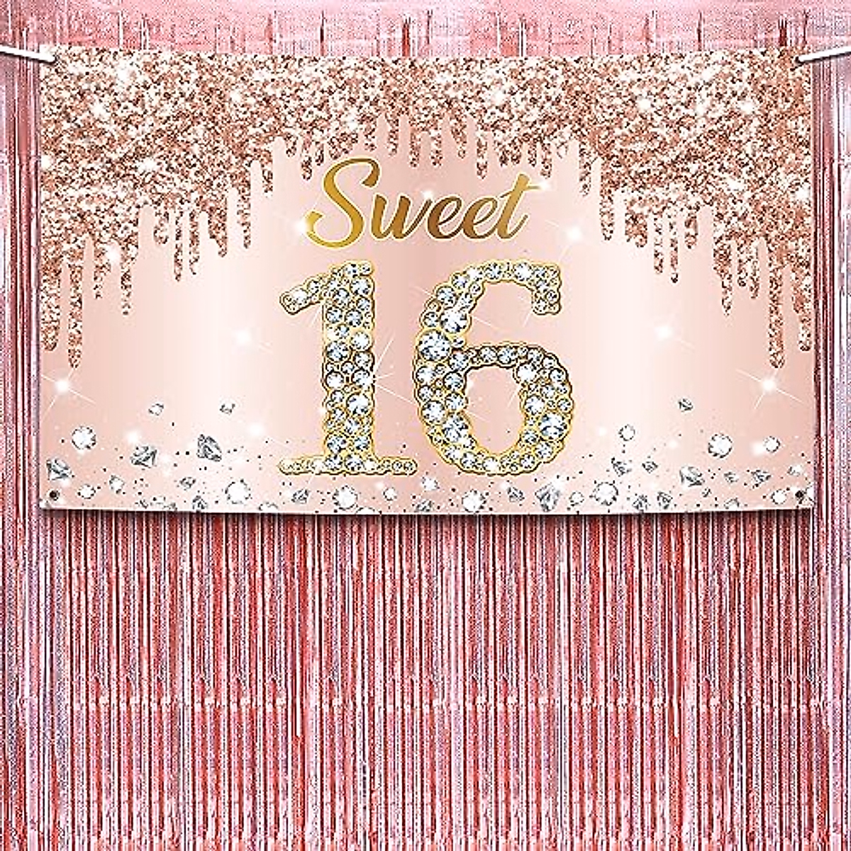 KatchOn, Rose Gold Sweet 16 Backdrop with Iridescent Rose Gold Fringe Curtain - 72 x 44 Inch, Pack of 3 | Rose Gold Streamers, Sweet 16 Birthday Backdrop for 16 Birthday Decor | Rose Gold Party Decor
