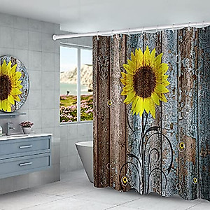 BIUSTAR 4 Piece Rustic Sunflower Shower Curtains Sets with Non-Slip Rugs, Toilet Lid Cover and Bath Mat, Bathroom Sets with Shower Curtain and Rugs and Accessories